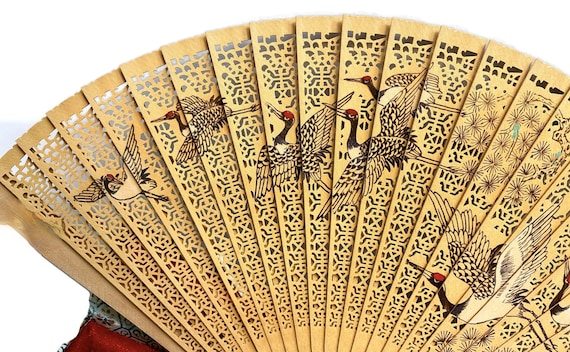Hand Painted Folding Hand Fan Birds Heron Pierced Bam… - Gem