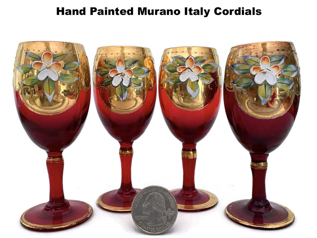 Murano Italy Hand Painted Ruby Stemmed Cordials Vintage - Etsy