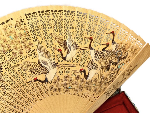 Hand Painted Folding Hand Fan Birds Heron Pierced Bam… - Gem