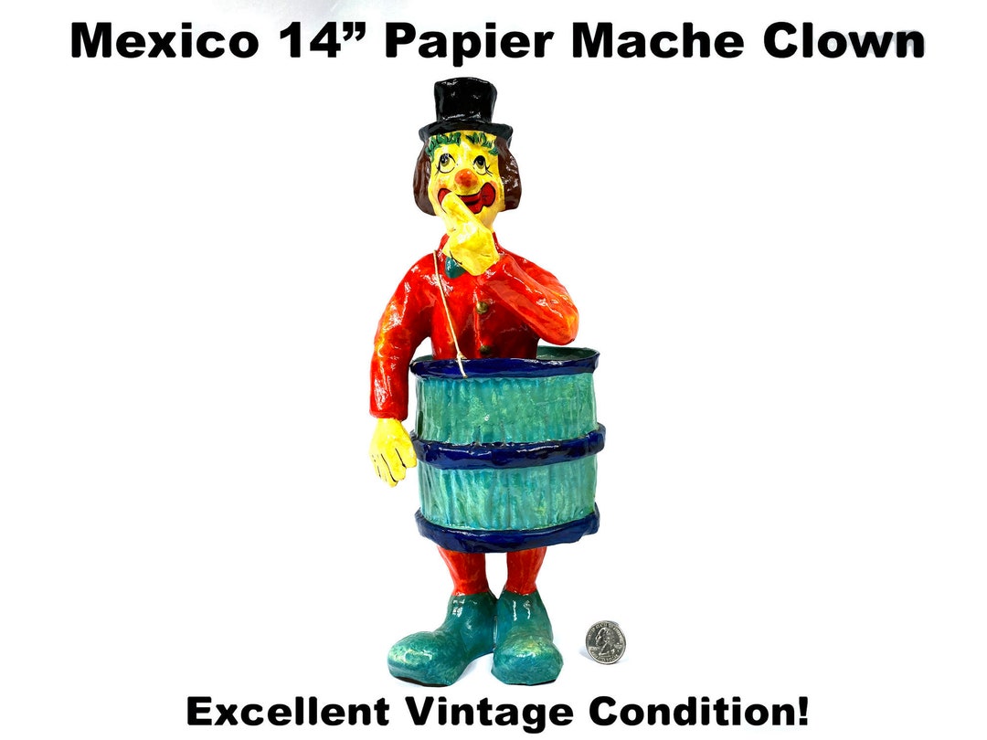 Paper Mache Rodeo Clown in A Barrel Mexico 14" Lacquered Signed Vintage ...