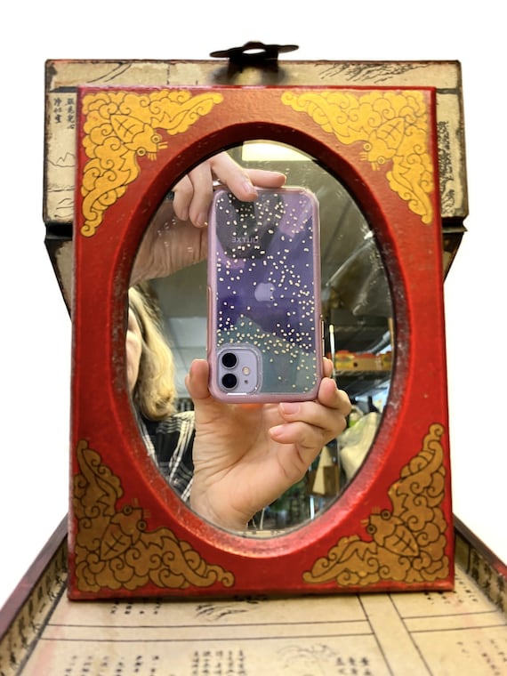 Chinese Vanity Fold Down Mirror Jewelry Box Vintage - Gem