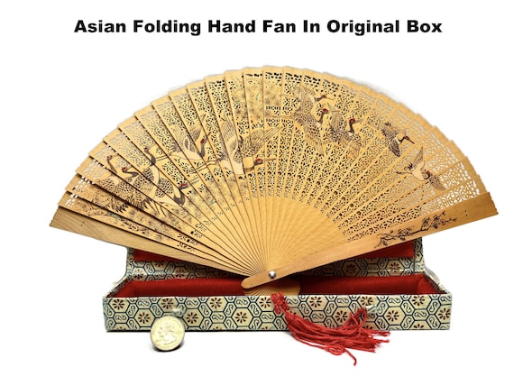Hand Painted Folding Hand Fan Birds Heron Pierced Bam… - Gem