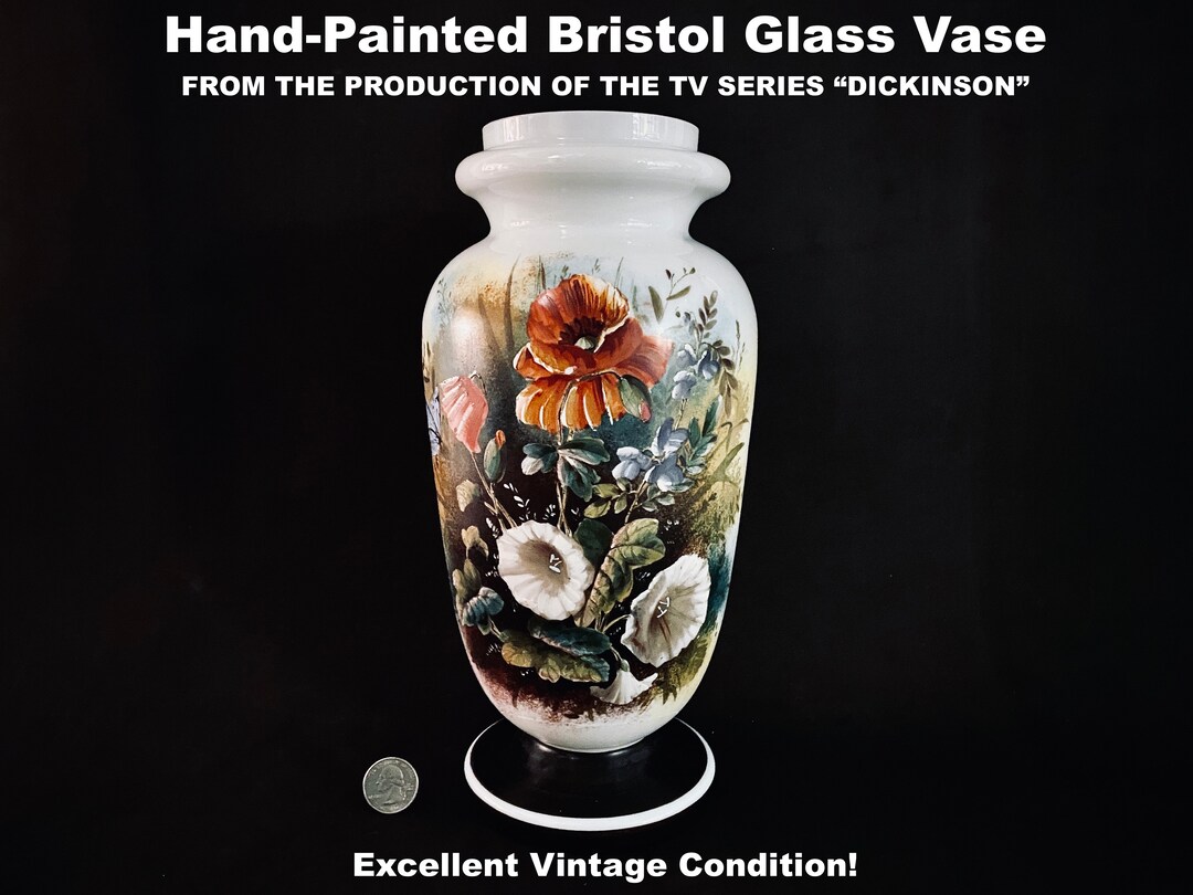Bristol Glass Vase Hand Painted Floral Morning Glories 19th Century ...