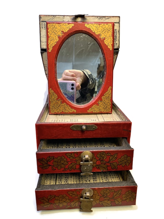 Chinese Vanity Fold Down Mirror Jewelry Box Vintage - Gem