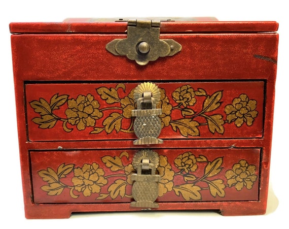 Chinese Vanity Fold Down Mirror Jewelry Box Vintage - Gem