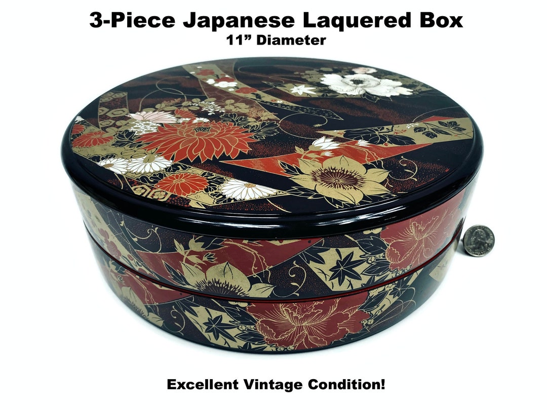 Japanese 3 Piece Lacquered Round Box Divided Tier Black Red - Etsy