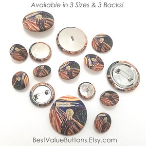 Fabric Buttons, the Scream Buttons, Edvard Munch, Shank to Sew, Pinback ...