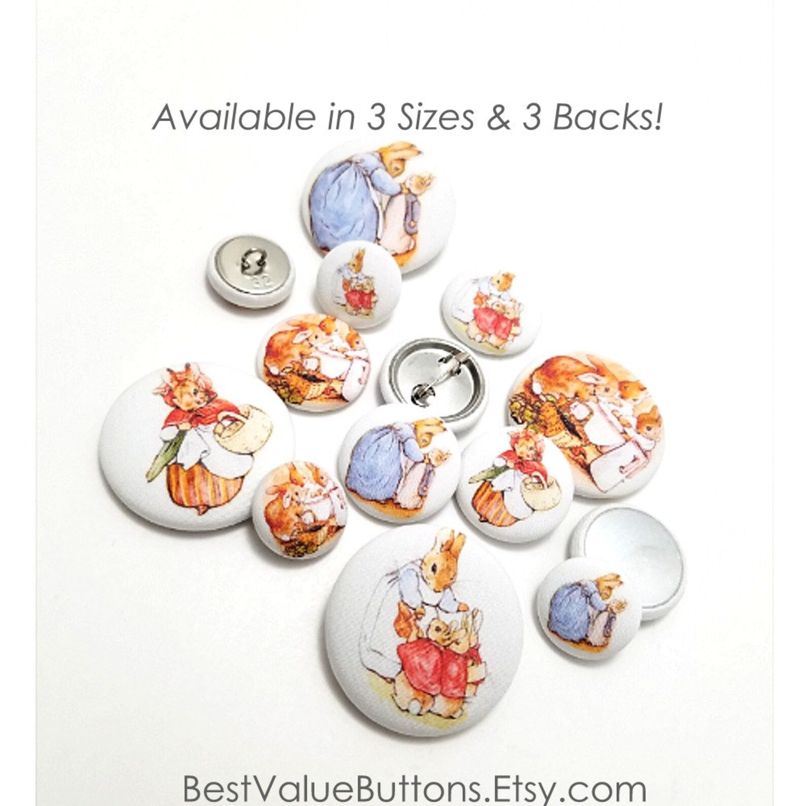 Fabric Buttons, Peter Rabbit Family Buttons, Beatrix Potter Shank ...