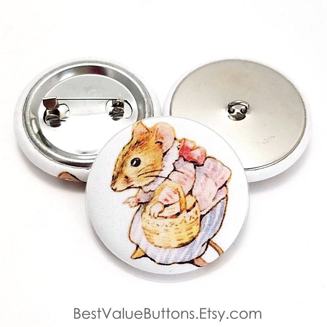 Fabric Buttons, Mrs Tittlemouse Buttons, Beatrix Potter Shank, Flatback ...