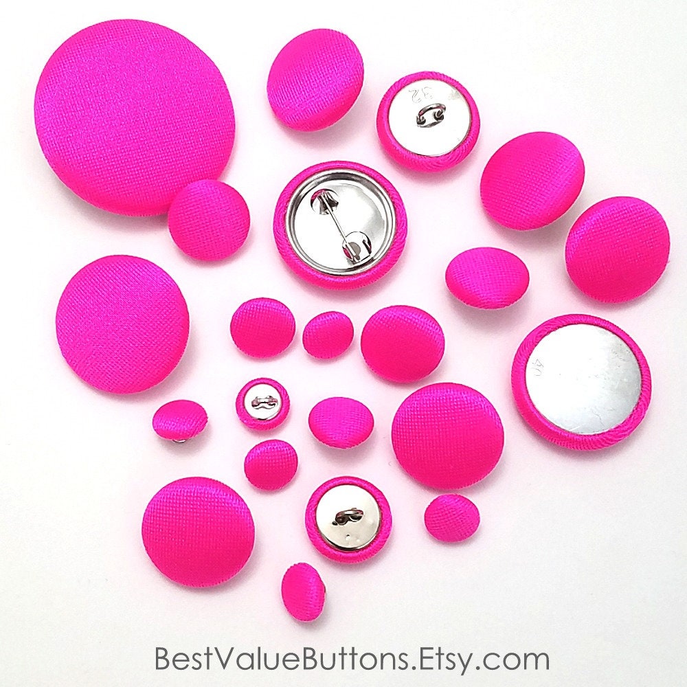 Fabric Buttons, Shiny Hot Pink Buttons, Shank to Sew, Pinback to Pin ...