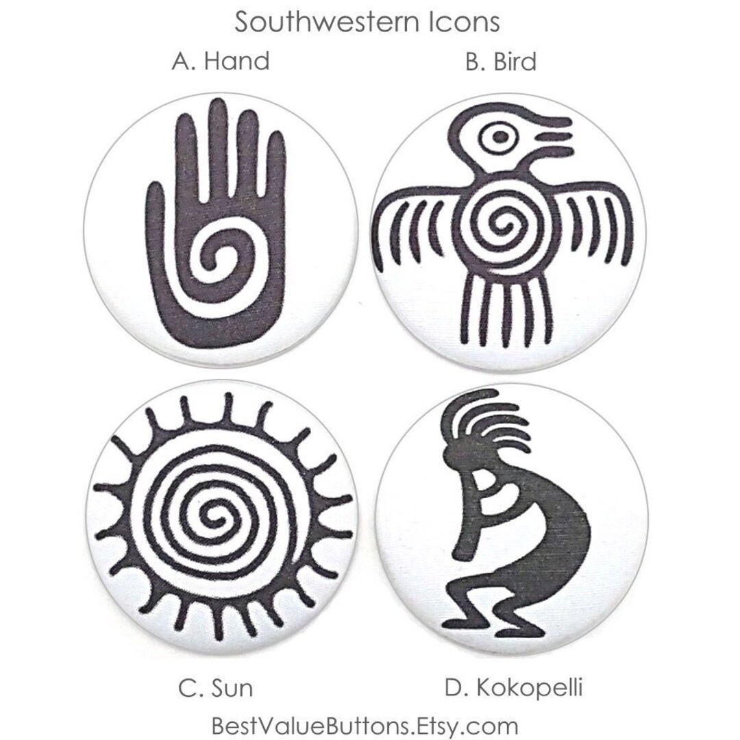 Fabric Buttons, Southwestern Buttons, Kokopelli, Bird, Sun, Hand, Shank ...