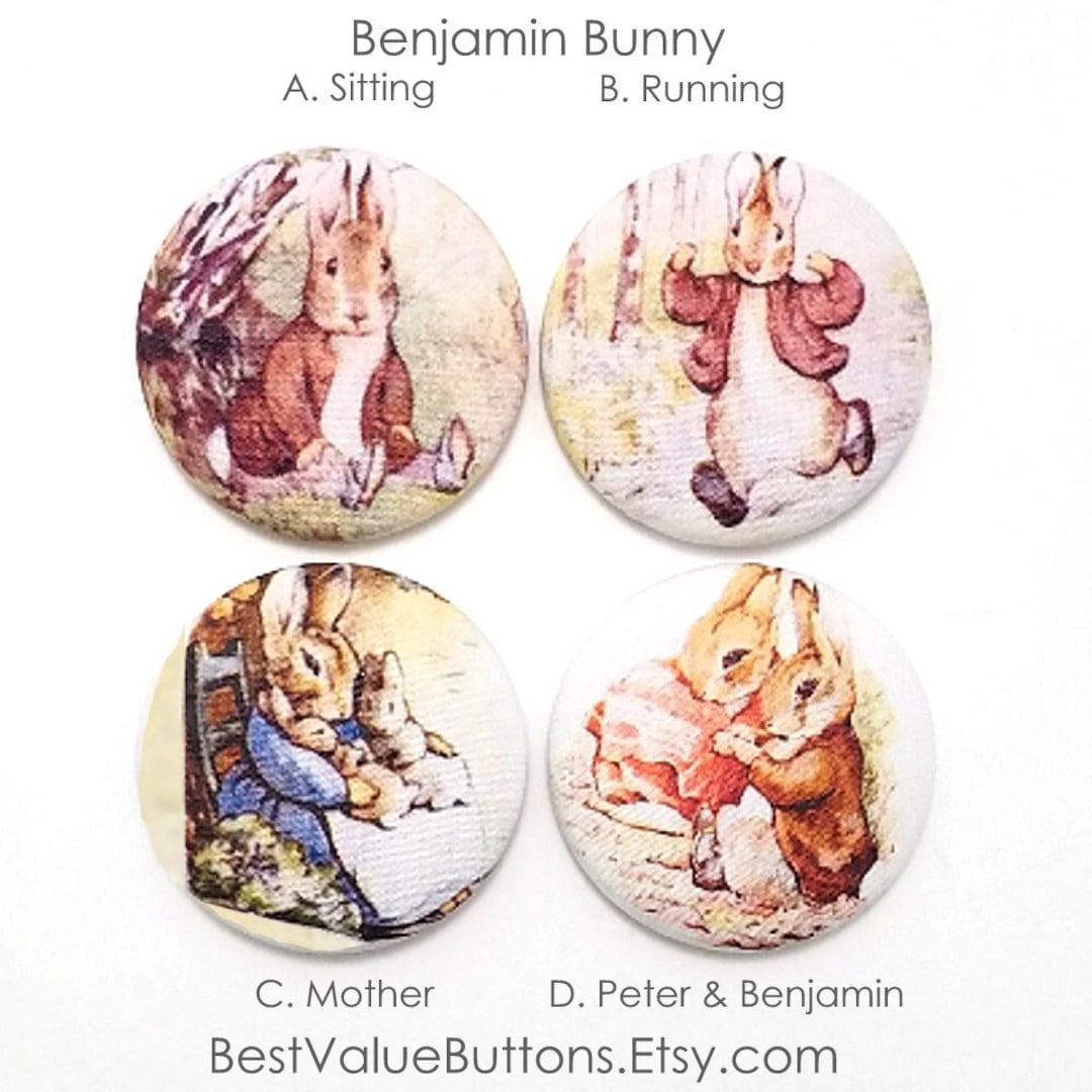 Fabric Buttons, Benjamin Bunny Buttons, Beatrix Potter Buttons, Shank ...