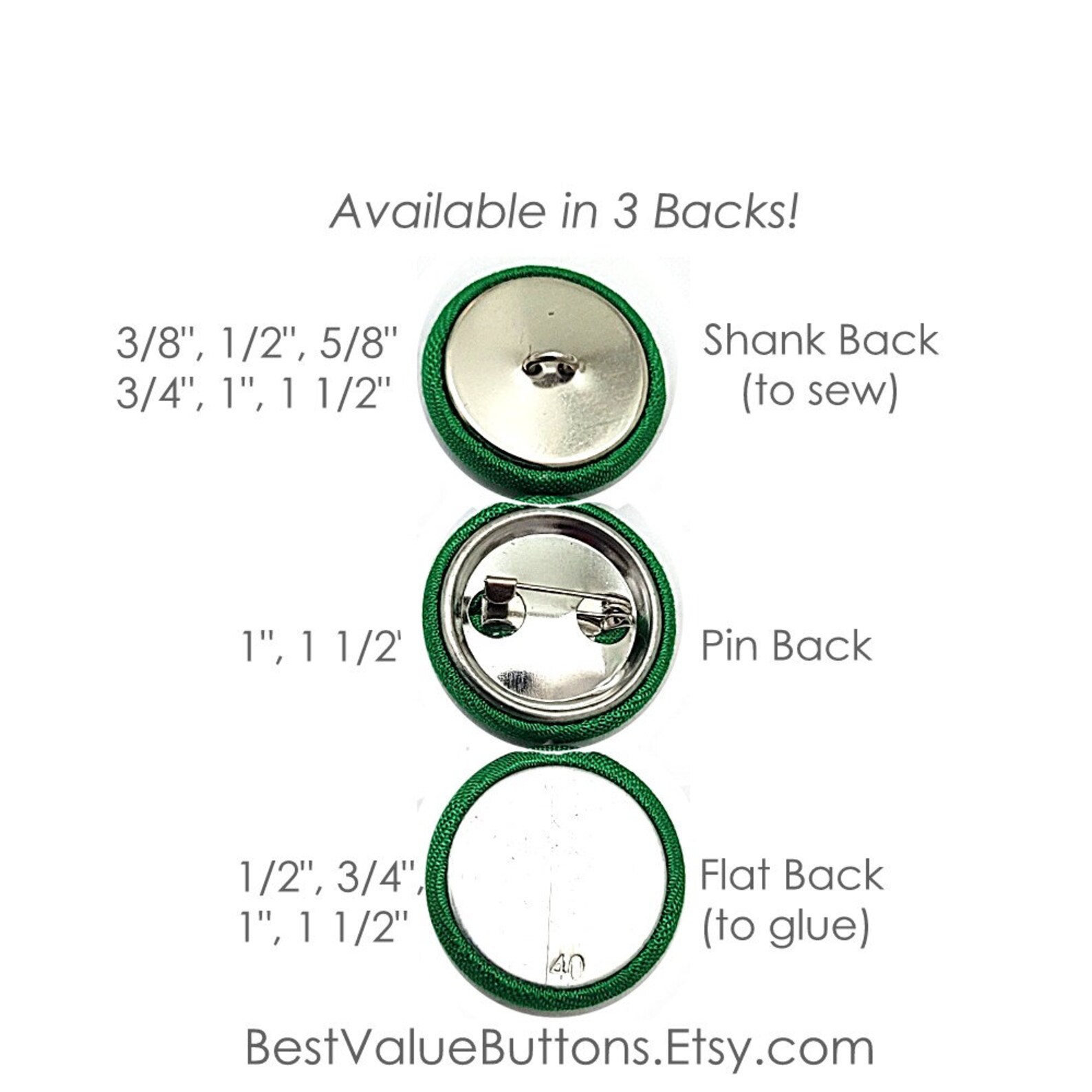 Cotton Buttons, Kelly Green Cotton Fabric Buttons, Shank Back, Pin Back ...