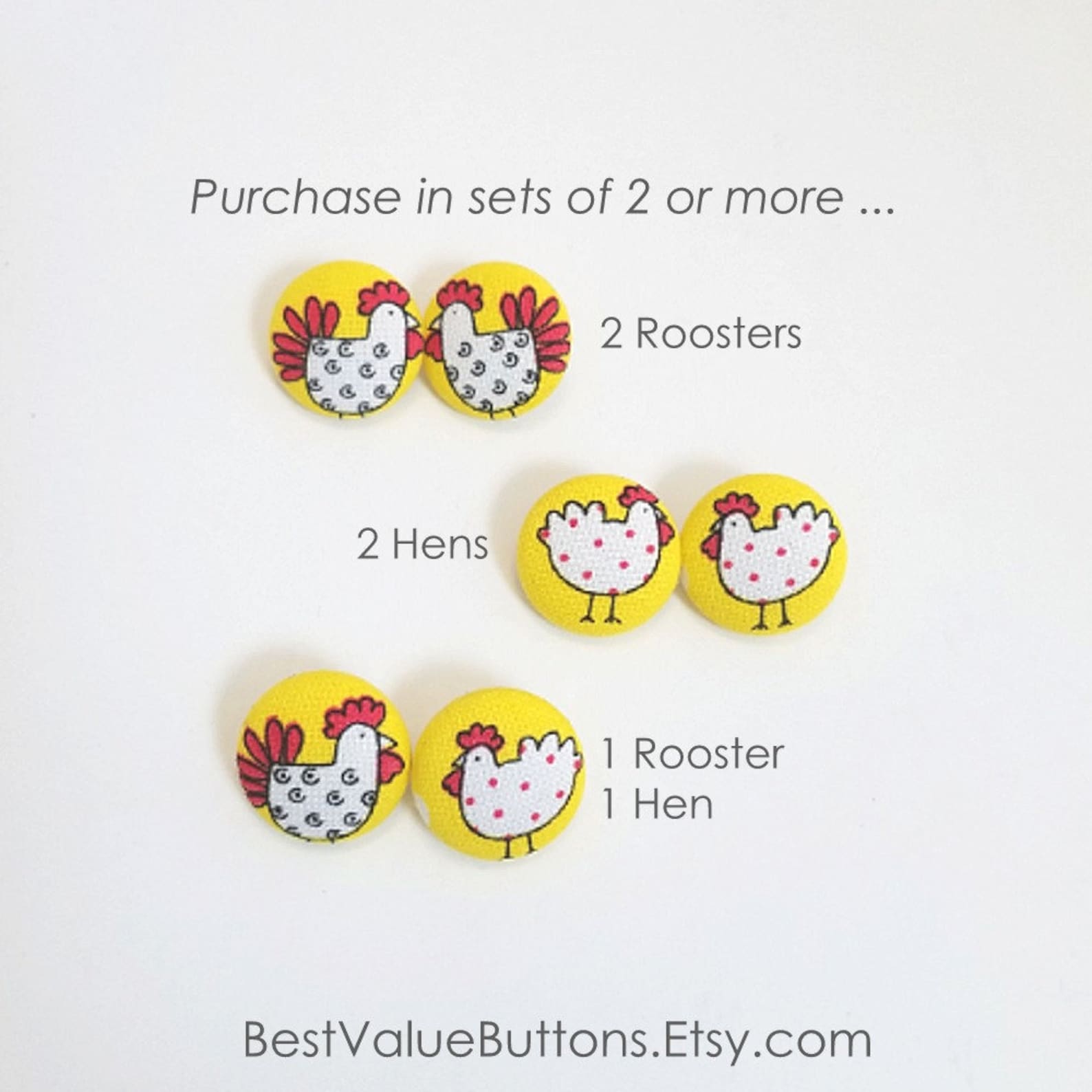 Fabric Buttons, Rooster Hen Chicken Buttons, Shank to Sew, Pinback to ...