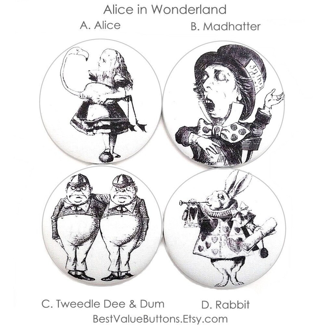 Fabric Buttons, Alice in Wonderland Buttons, Mad Hatter, Shank ...