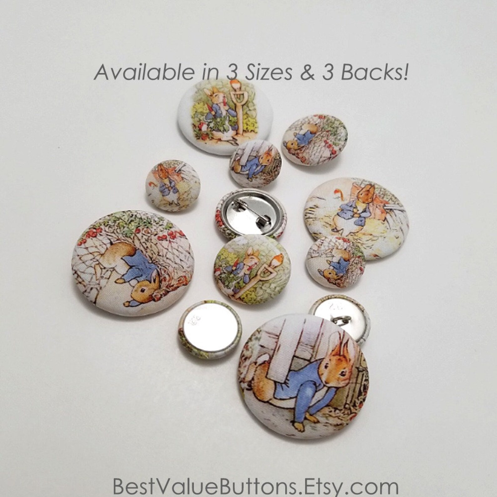 Fabric Buttons, Peter Rabbit Buttons, Beatrix Potter Shank, Flatback ...