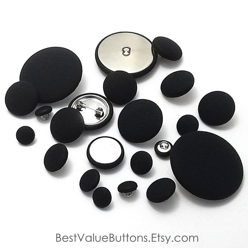 Cotton Buttons, Black Cotton Fabric Buttons, Shank Back, Pin Back, Flat ...