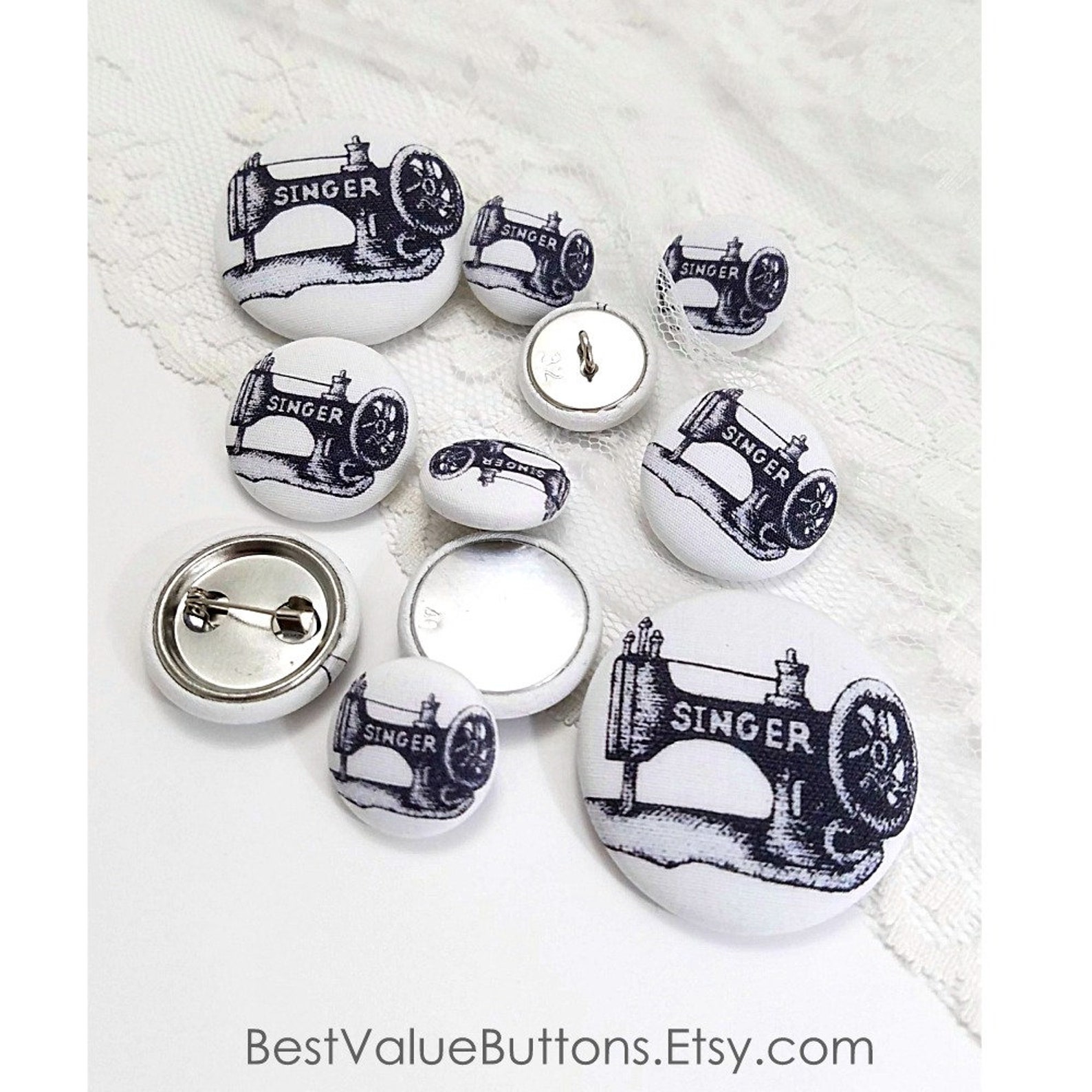 Fabric Buttons, Singer Sewing Machine Buttons, Shank Back to Sew, Pin ...
