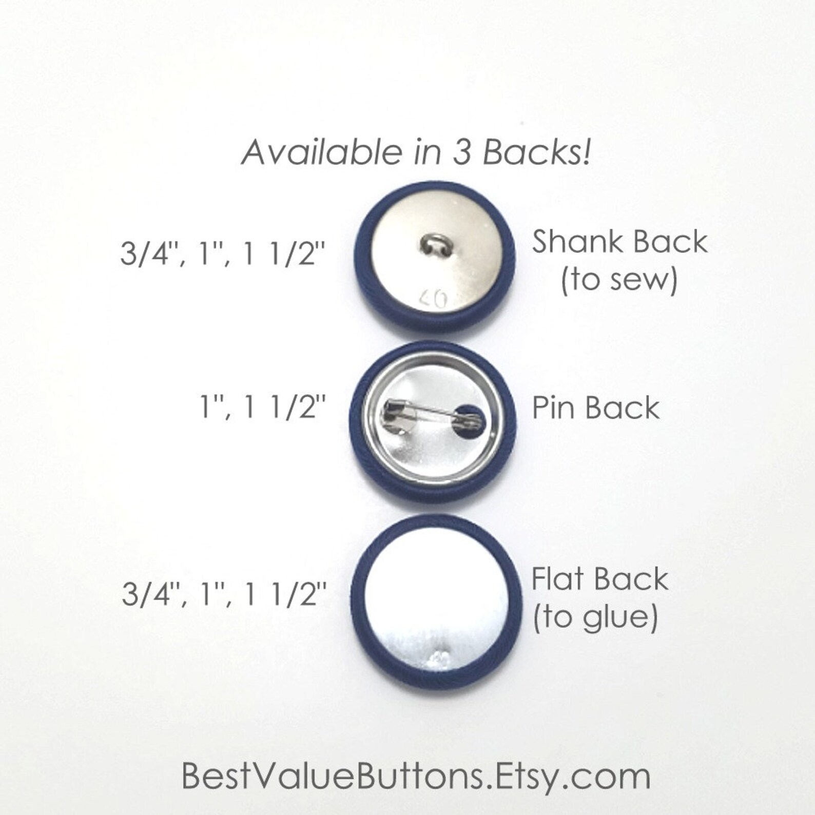 Fabric Buttons, Navy Blue Buttons, Shank to Sew, Pinback to Pin ...
