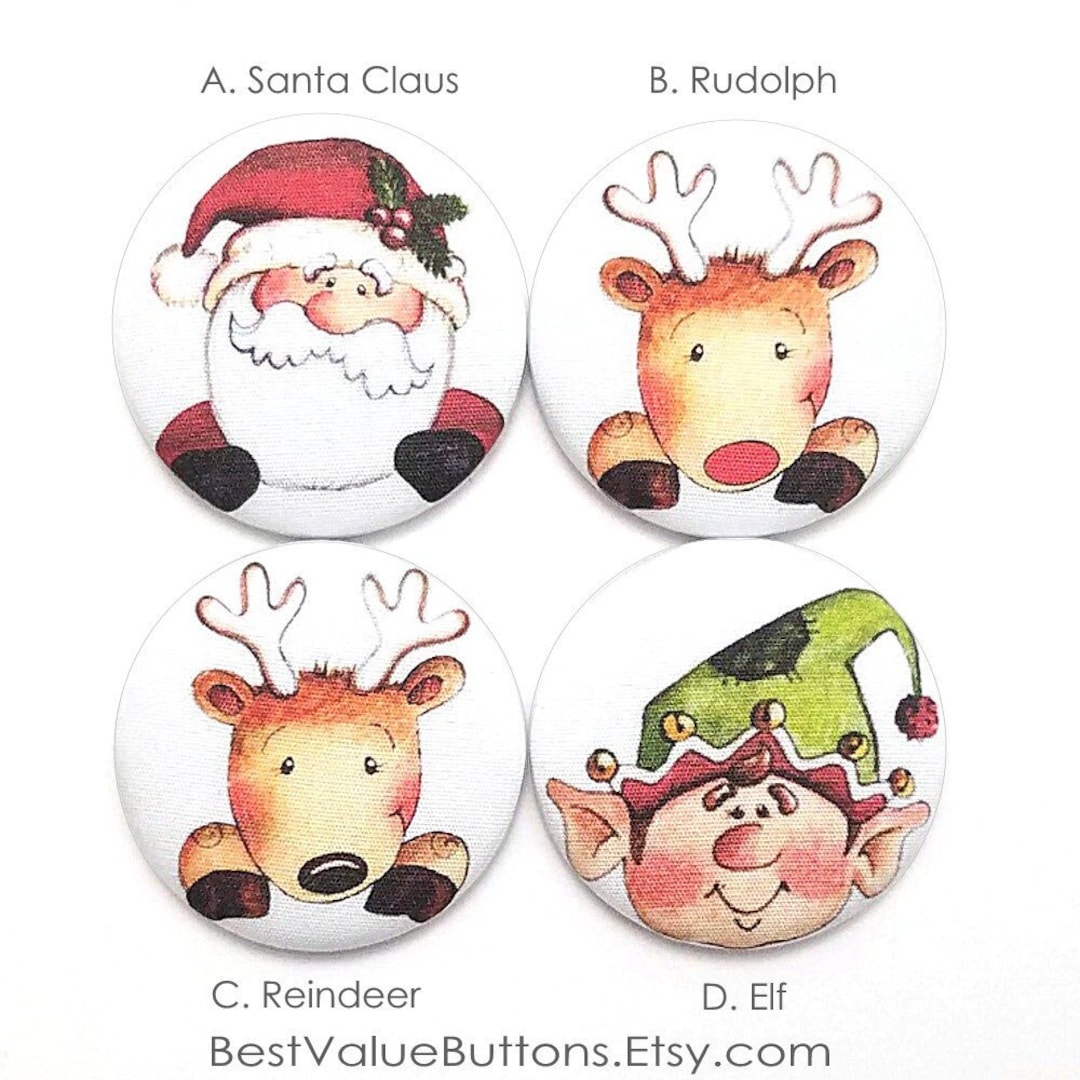 Fabric Buttons, Christmas Buttons, Santa, Elf, Rudolph, Reindeer Shank ...