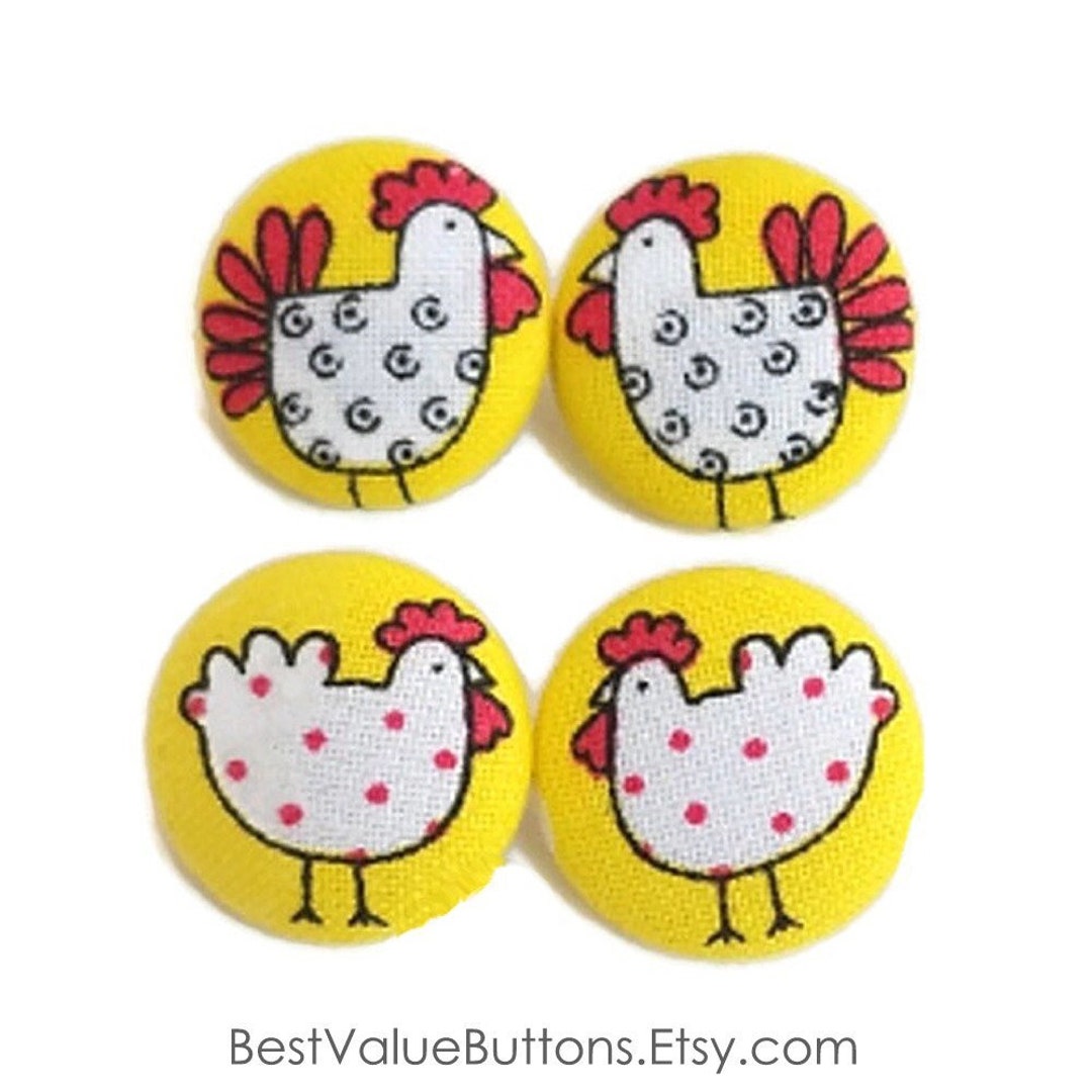 Fabric Buttons, Rooster Hen Chicken Buttons, Shank to Sew, Pinback to ...