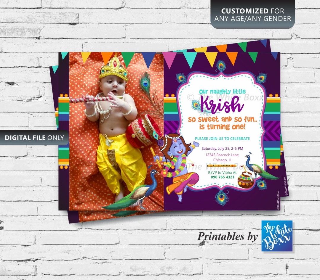Krishna hindu God Themed Birthday Invite / Invitation Card Printable ...