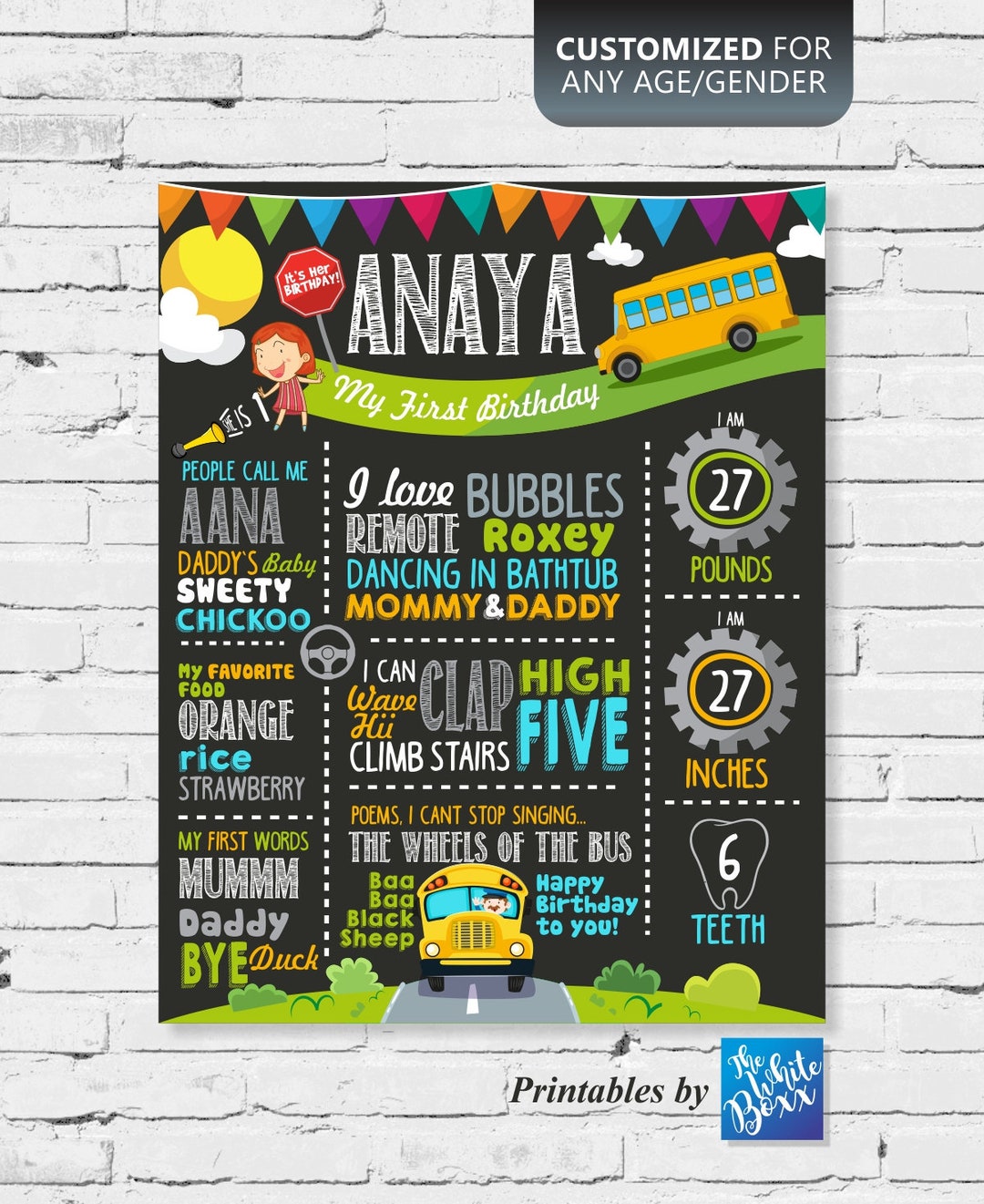 The Wheels on the Bus Birthday Chalkboard / School Bus Stats Milestone ...