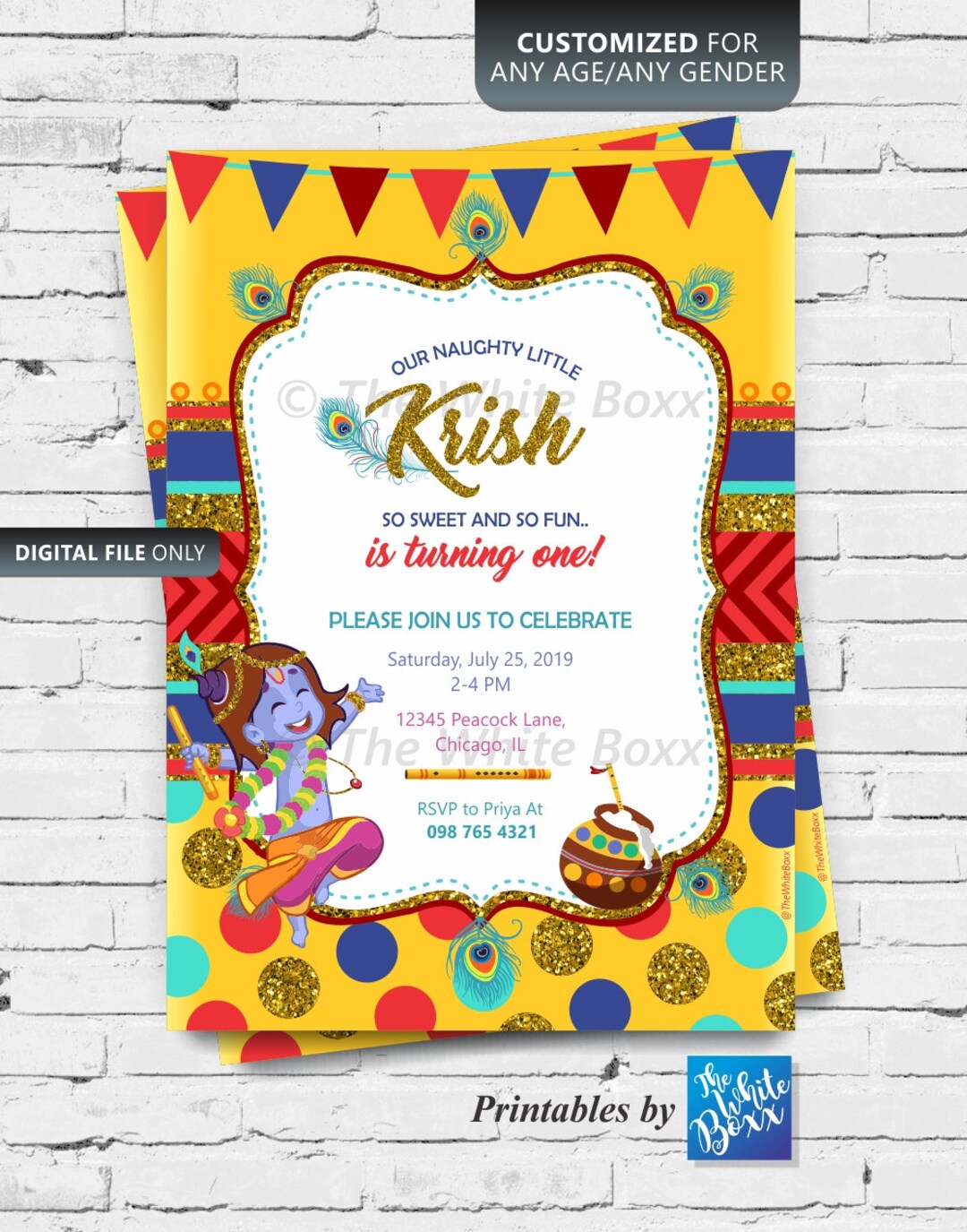 Krishna hindu God Themed Birthday Invite / Invitation Card Printable ...