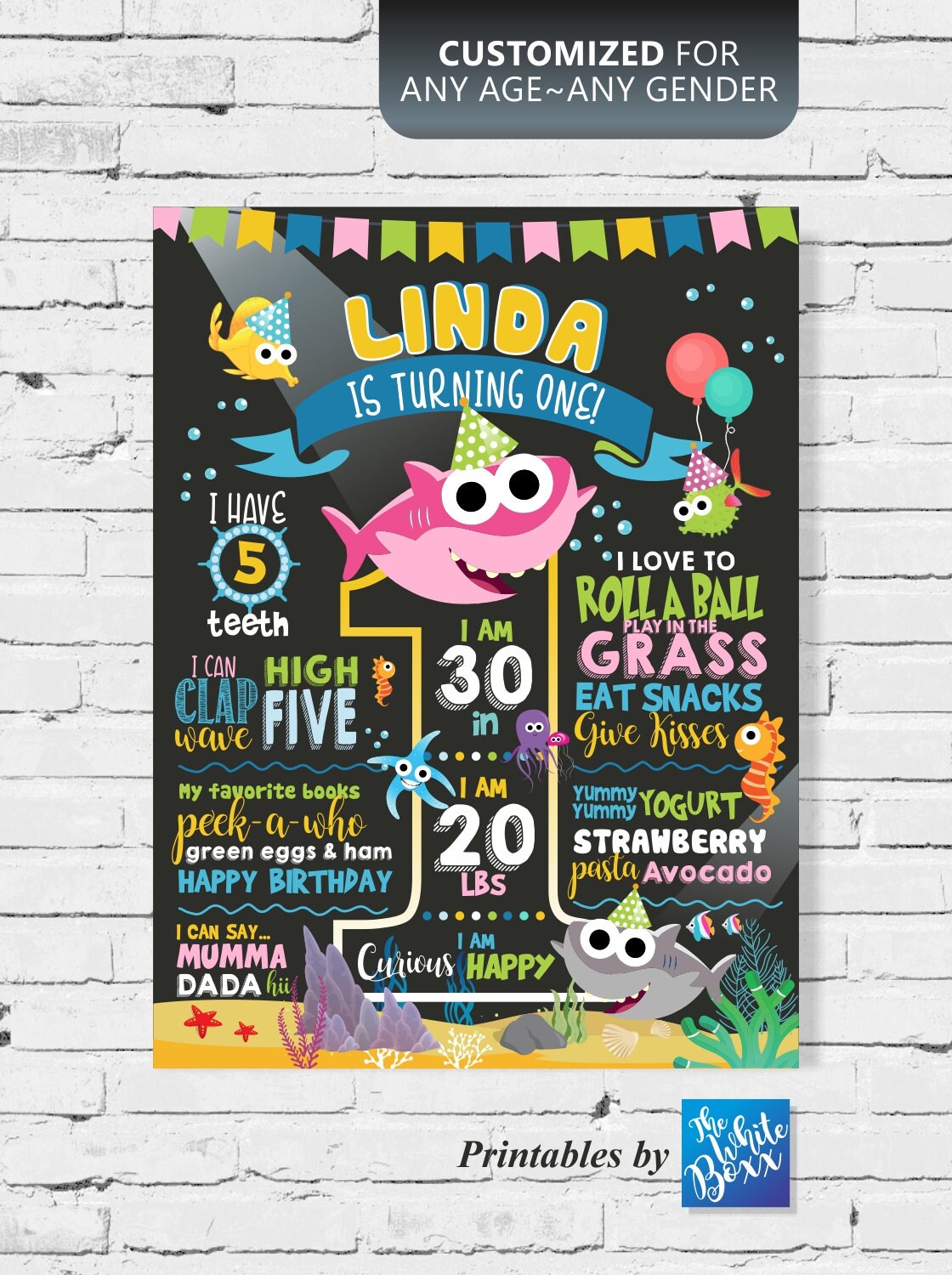 Baby Shark Birthday Chalkboard / Milestone Poster Any Age - Etsy