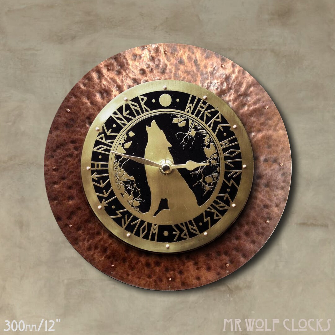 Large Wall Clock Wolf Vikingcopper and Acid Etched Brassapprox 400mm/16 ...