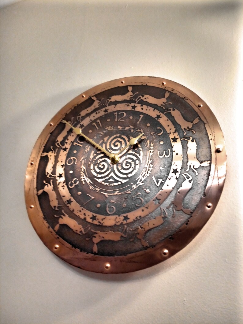 Large Copper Wall Clock With Hares and Triskele12 | Etsy UK