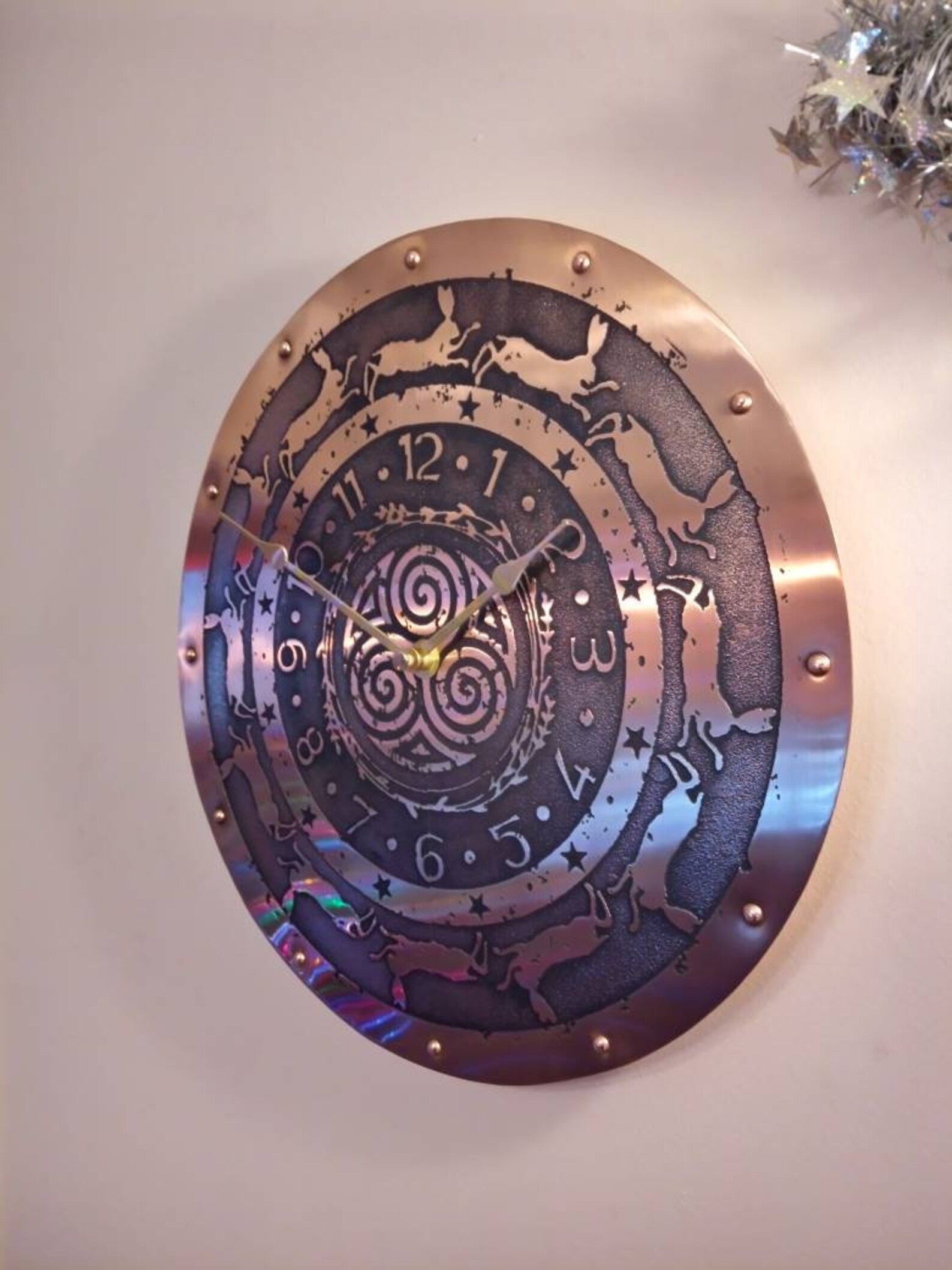 Large Copper Wall Clock With Hares and Triskele12 - Etsy UK