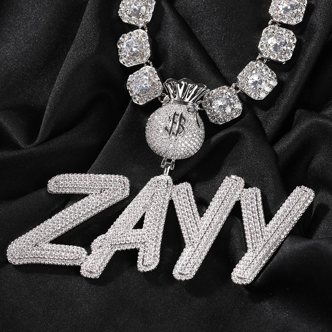 Iced Out Money Bag Custom Name Pendant Necklace, Sparkling CZ Diamond ...