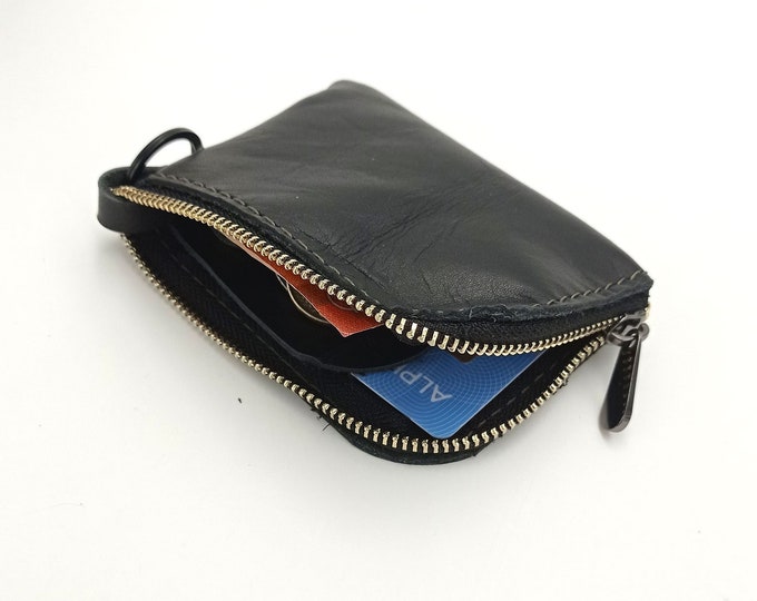 KUKU Zippered Credit Card Holder, Key Ring Coin Purse, Soft Leather Key ...