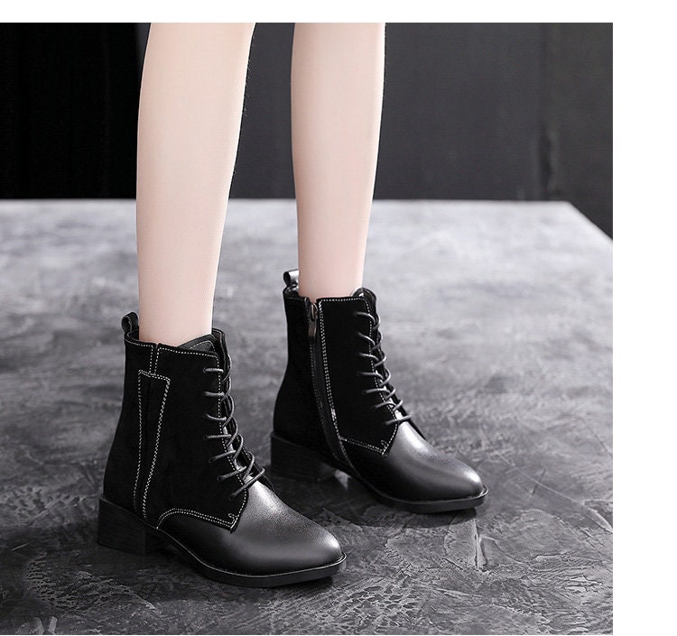 Handmade Genuine Leather Short Boots for Women,black Flat Booties ...