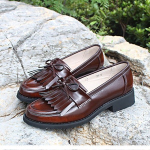 Handmade Genuine Leather Loafer Women's 3cm Heel Shoes,retro Tassel ...