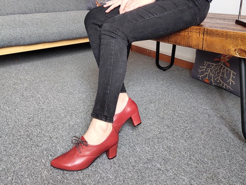 Handmade Women Red Leather Shoeslow Thick Heel Shoes Leather - Etsy