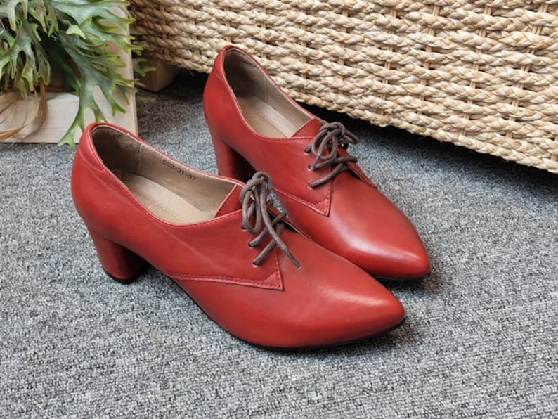 Handmade Women Red Leather Shoeslow Thick Heel Shoes Leather - Etsy