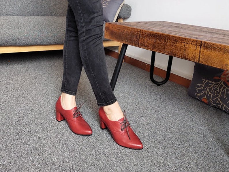 Handmade Women Red Leather Shoeslow Thick Heel Shoes Leather - Etsy