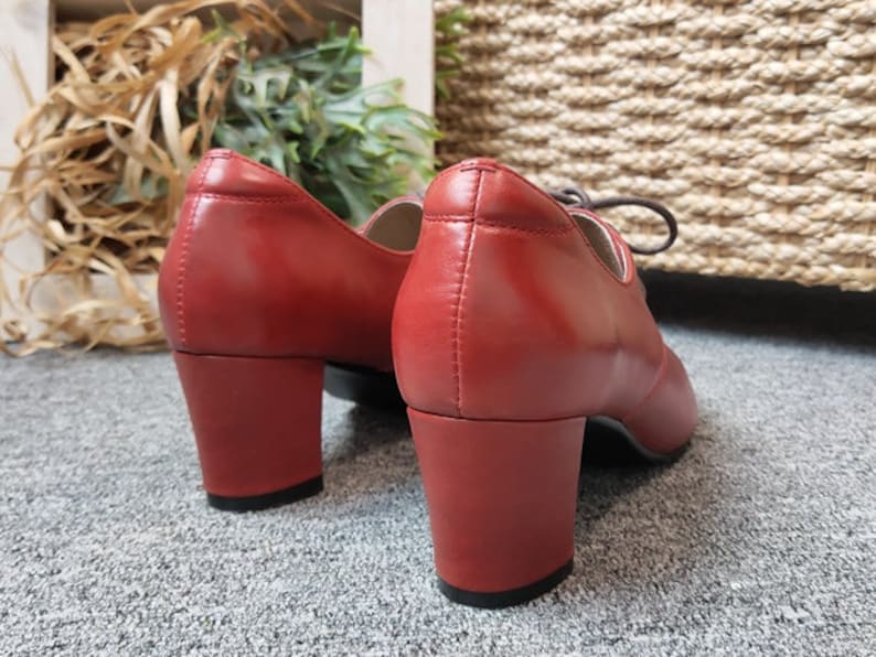Handmade Women Red Leather Shoeslow Thick Heel Shoes Leather - Etsy