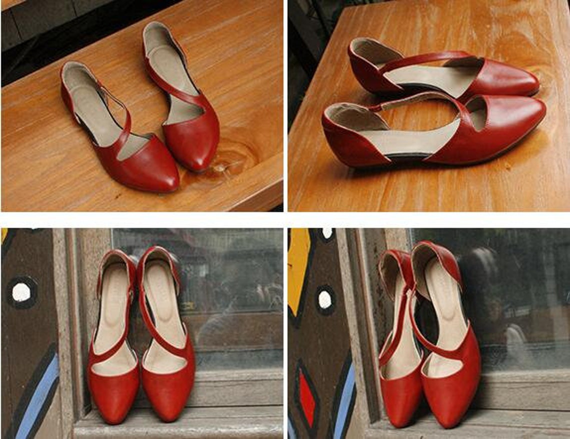 Handmade Women Flat Red Leather Retro ShoesSlip on Sandals | Etsy