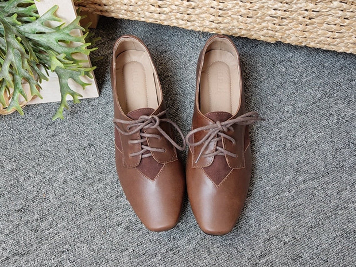 Handmade Women Leather Heel Shoes,low Thick Heel Shoes, Leather Square ...