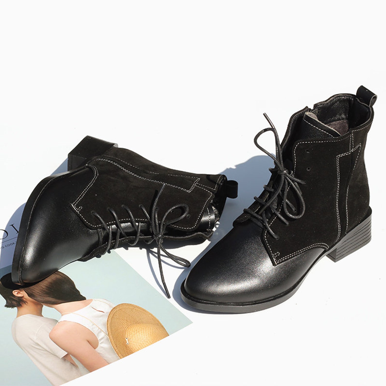 Handmade Genuine Leather Short Boots for Women,black Flat Booties ...