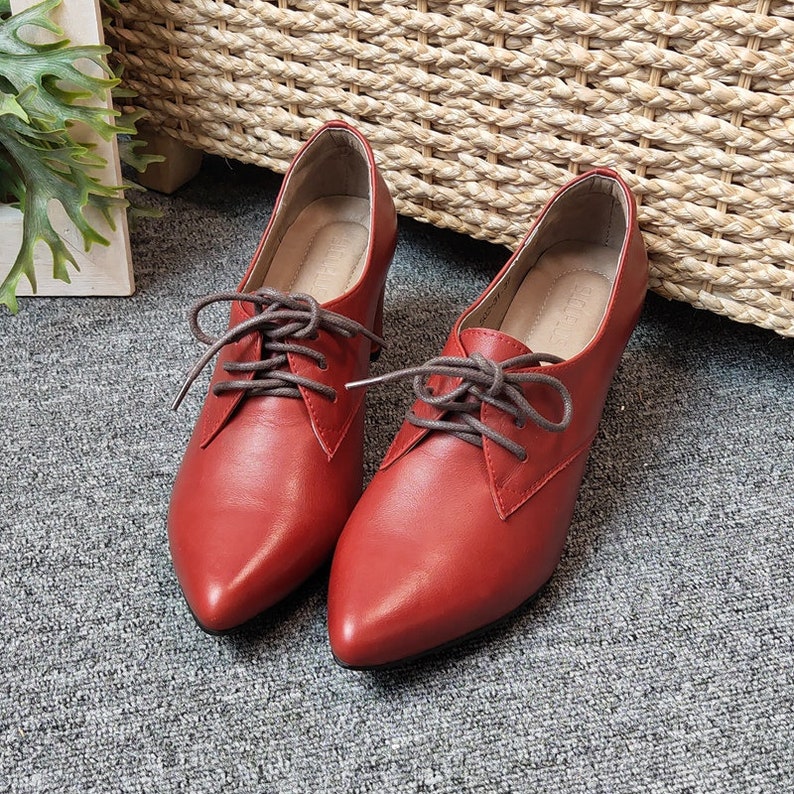 Handmade Women Red Leather Shoeslow Thick Heel Shoes Leather - Etsy