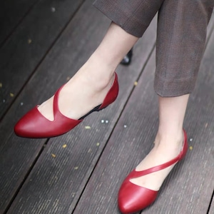 Handmade Women Flat Red Leather Retro Shoes,slip on Sandals, Leather ...