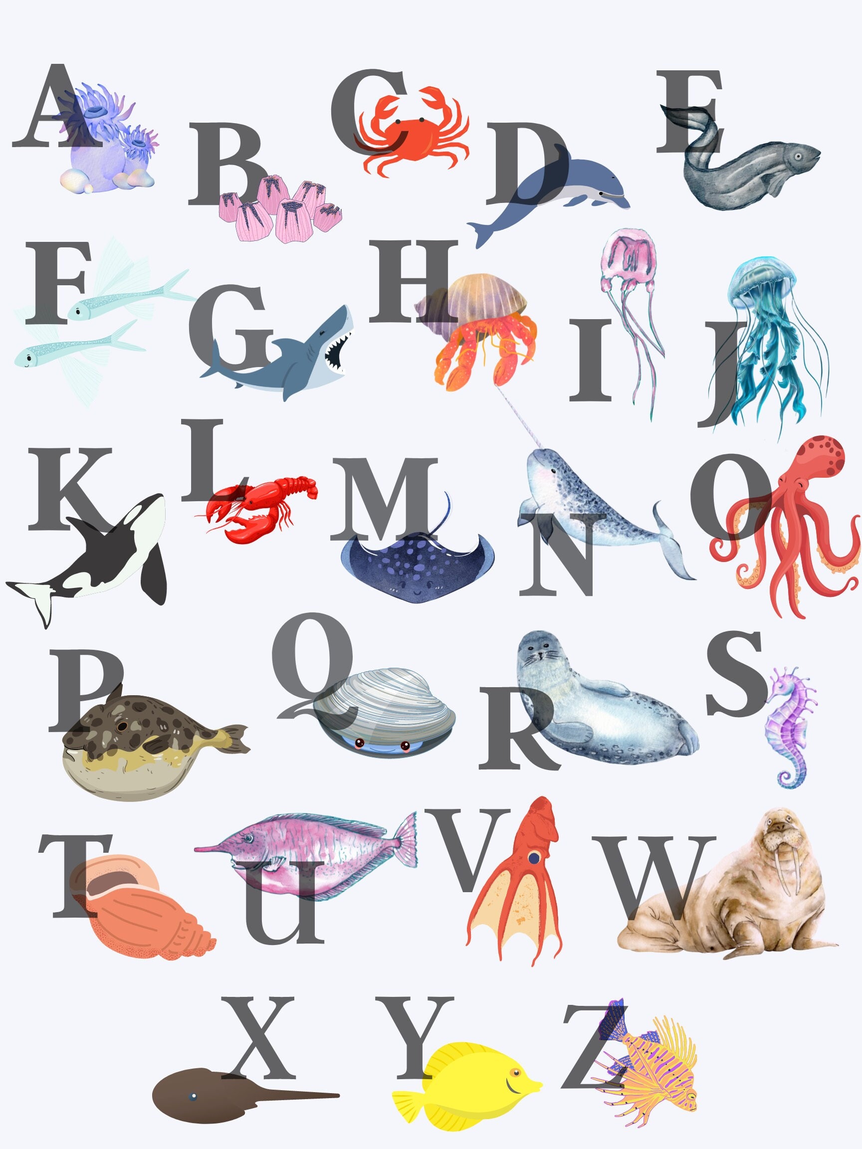 Sea Animals A to Z Downloadable Printable Instant Kids Poster Children ...