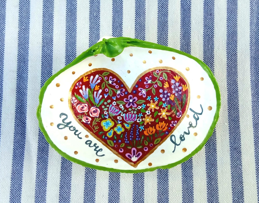 Hand Painted Sea Shell Red Heart With Flowers - Etsy