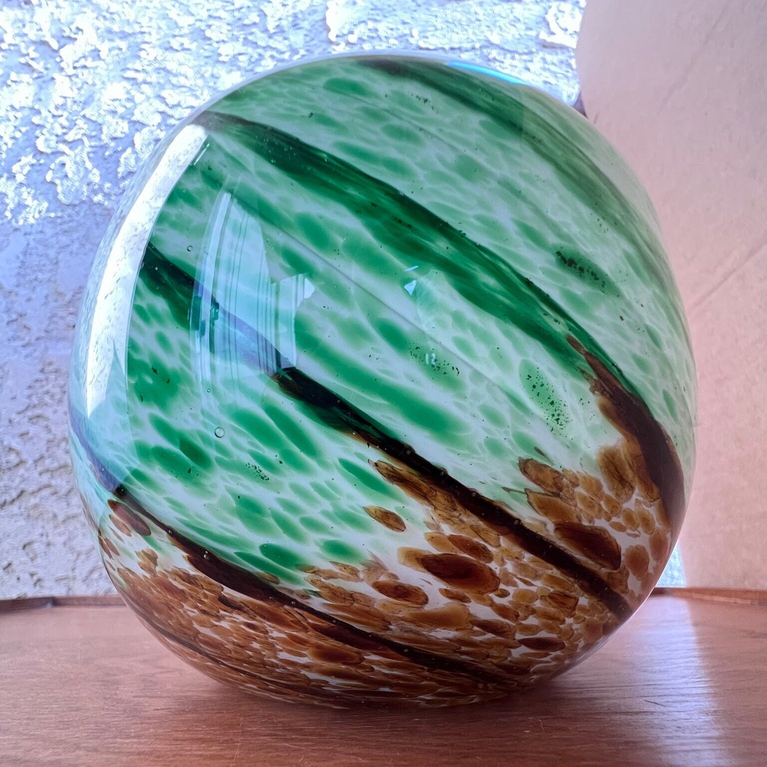 Vintage Hand Blown Spatter Glass Sphere Vase in Green Brown and White ...