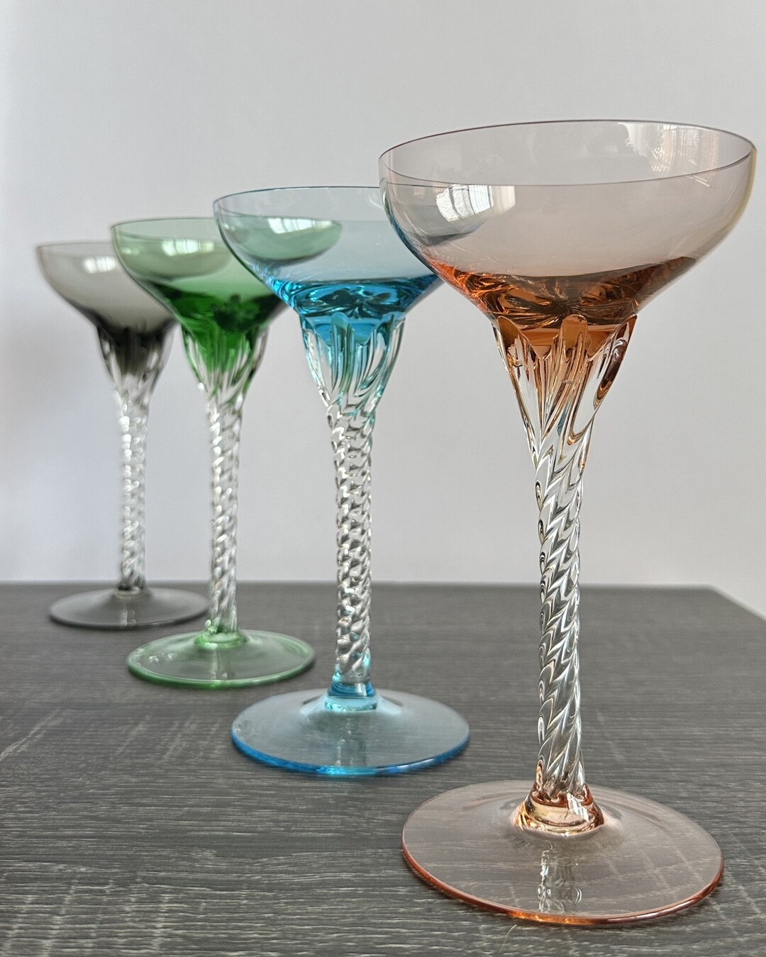 Set of 4 Vintage Hand Blown Twisted Stem Colored Champagne Coupe ...