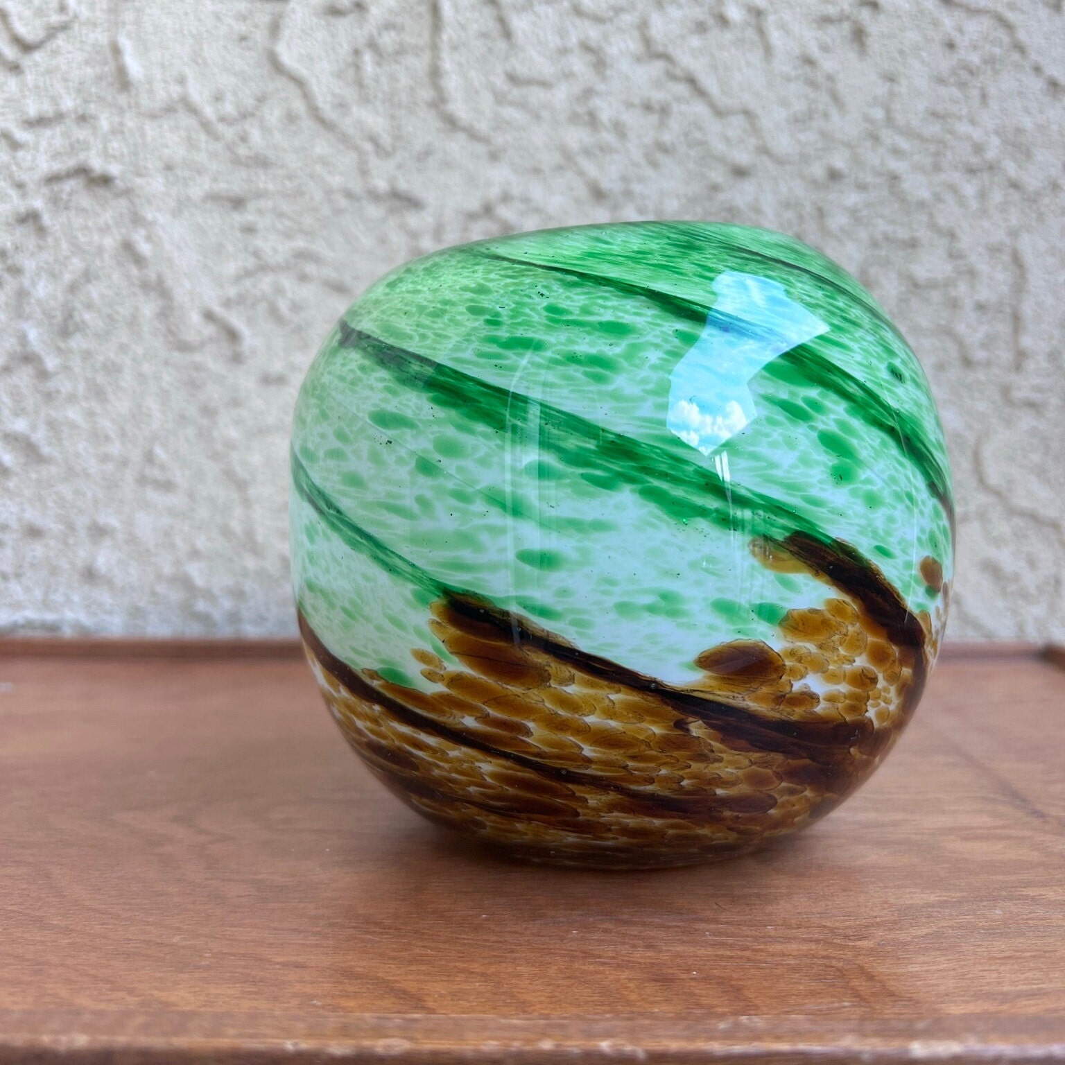 Vintage Hand Blown Spatter Glass Sphere Vase in Green Brown and White ...